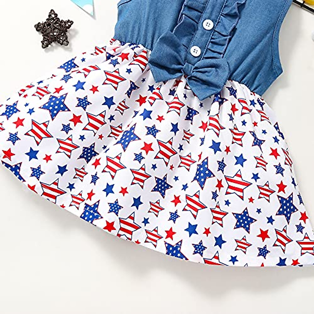 Toddler Girls Princess Dress Sleeveless Ruffled Button Denim Tops Stars Tutu Skirts One-Piece Outfit Sundress