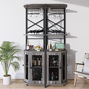 Osfvolr Bar Cabinet w/Wine Rack and Glass Holder, Corner Cabinet with Mesh Door, Corner Bar Cabinet with Adjustable Shelf, Liquor Cabinet Bar for Home, Black Oak, A2