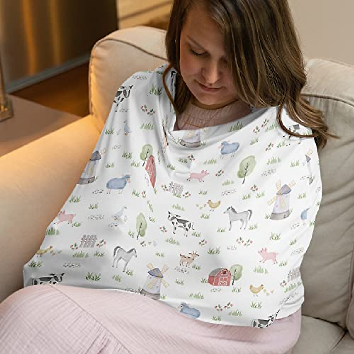 Sweet Jojo Designs Farm Animals Boy Girl Infant Baby Car Seat Cover Nursing Breastfeeding Shopping Cart Stroller Canopy Grey Red Black and White Gender Netural Watercolor Farmhouse Green Barn Horse