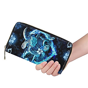 chaqlin Women's Wallet Long PU Leather Floral Sea Turtle Print RFID Blocking Wallet Card Holder Ladies Fashionable Purse Blue