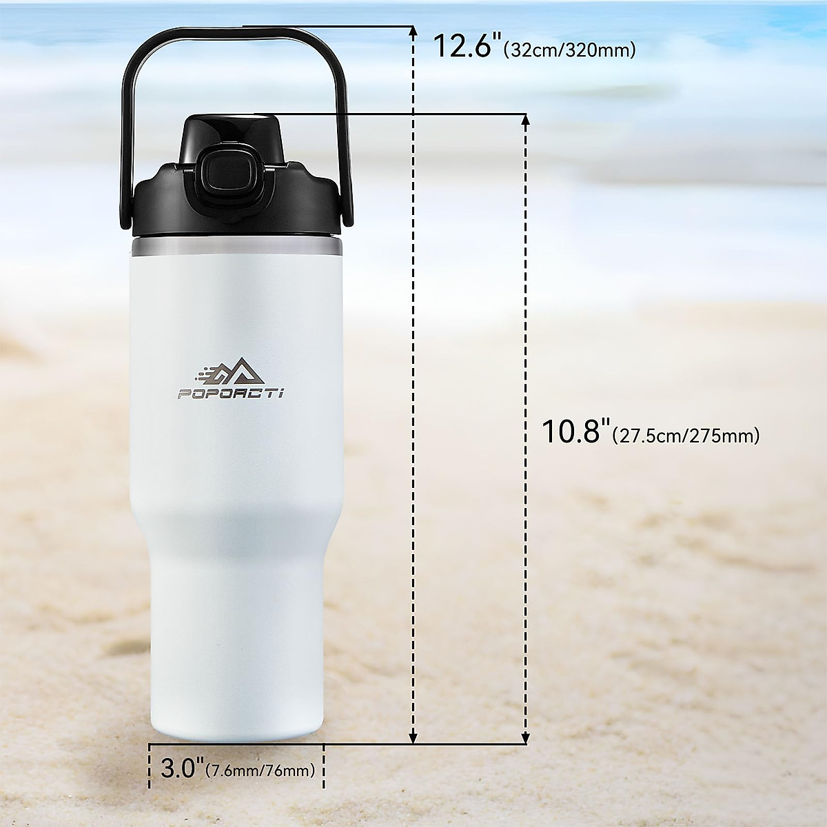 POPOACTI Insulated Tumbler,34 oz Stainless Steel Water Bottle, BPA-Free, Double-Walled Vacuum, Flip Straw for Travel, Keeps Drinks Hot & Cold for 12 Hours,For Travel, Gym & Office (White)