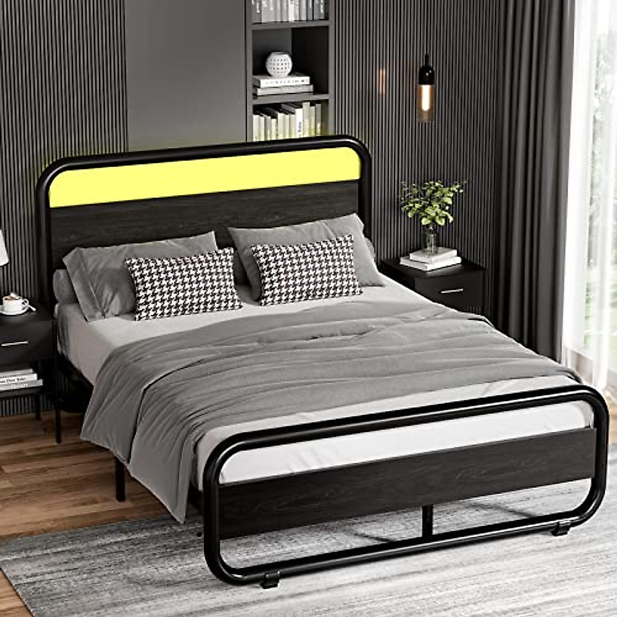 HOMBCK Full Size Bed Frame with Headboard, Metal Bed Frame Full with LED Lights, Heavy Duty Metal Slats, No Box Spring Needed, Noise Free, Easy Assembly, Black