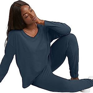 Hanes Comfortblend Originals V-Neck Long Sleeve T-Shirt, Cotton Tees for Women, Raw Edge V-Neckline, Trekking Grey, Medium