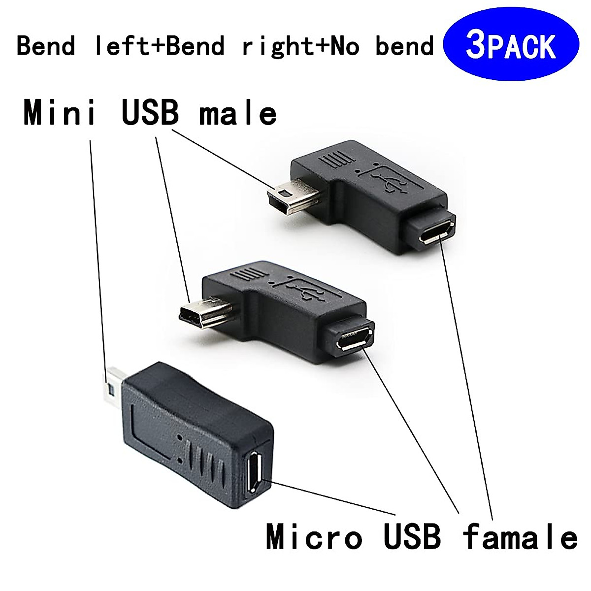 rgzhihuifz Mini USB to Micro USB Adapter, USB 2.0 Adapter Plug, 90 Degree Left and Right Angle Mini USB Male to Micro USB Female Connector Adapter 3-Pack