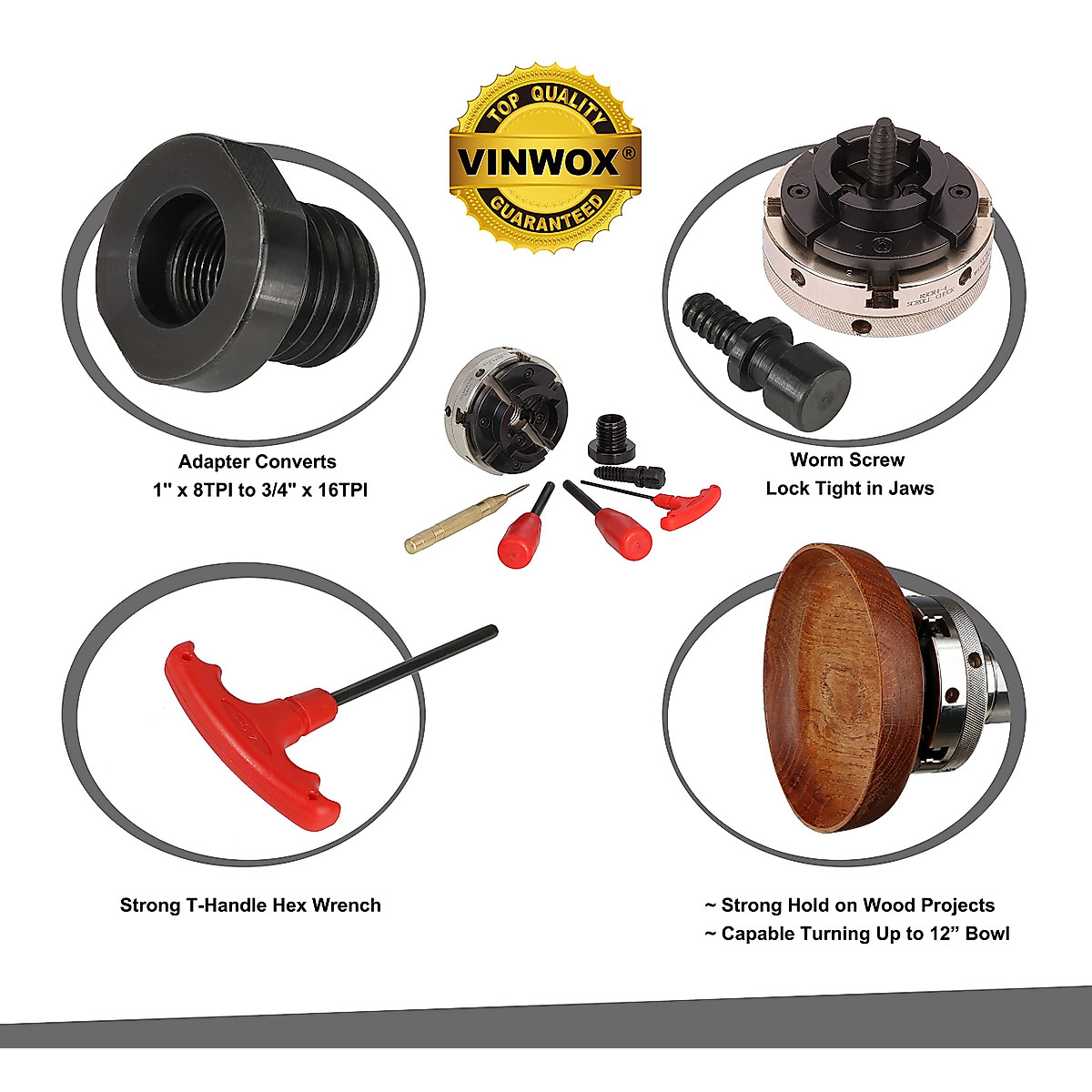 VINWOX SCR4-4 Wood Lathe Chuck, 4-Jaw Self-Centering Chuck, with 1"x8TPI thread & 3/4"x16TPI Adapter, 3 Years Warranty