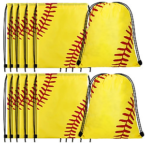 12 Pieces Small Softball Soccer Basketball Volleyball Candy Drawstring Bag Softball Soccer Basketball Volleyball Drawstring Goodie Favor Bags(Softball Style,10 x 12 Inch)