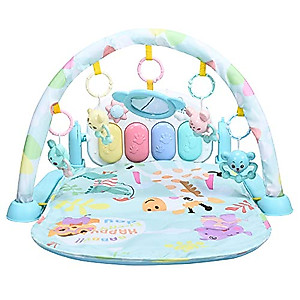 BABY JOY Baby Play Mat, Kick and Play Gym with Detachable Piano, Super Soft Foot Gym Carpet Fitness Rack, 4 Rattle Pendants and 1 Moon, Ideal for Baby Room (Blue)