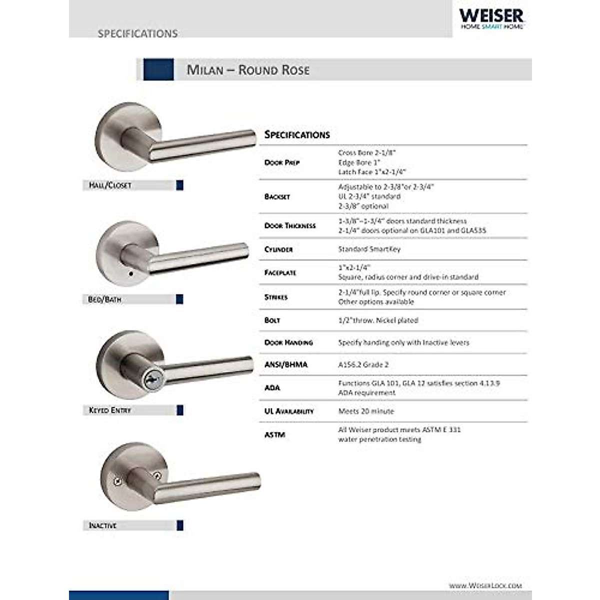 Weiser (by Kwikset) Milan Lever, Round Rose, Passage Function (Hallway, Closet), Polished Chrome (US26)