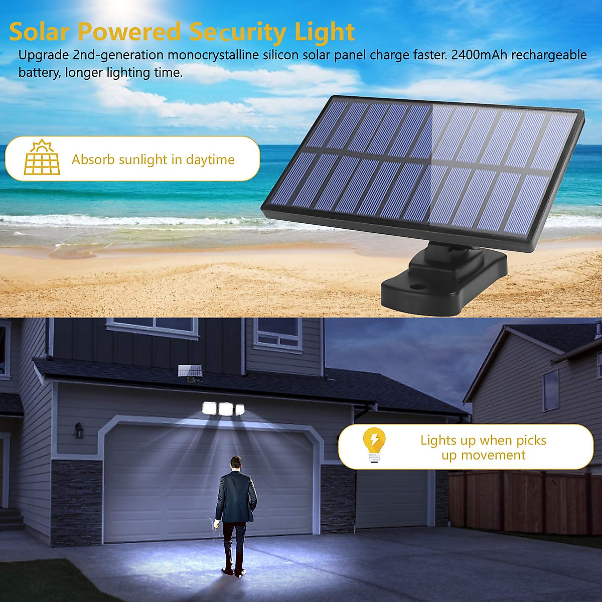 Solar Lights Outdoor Indoor - LED Solar Motion Sensor Lights 3 Adjustable Heads 270° Wide Angle: Security Flood Light IP65 Waterproof Solar Powered Wall Lights with Remote Control & 16.5 ft Cables