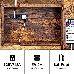 FABATO End Table with Charging Station Nightstands with Storage Shelves Flip Top&USB Ports Narrow Sofa Side Table for Small Spaces with Metal Frame Living Room Bedroom, Rustic Brown