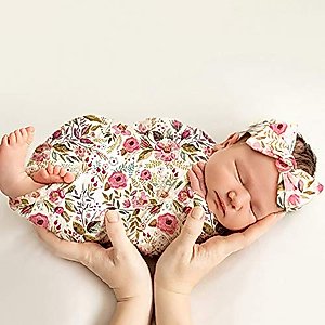 Newborn Baby Swaddle Blankets Headband Sets, Swaddle Sack, Receiving Blankets Infant Baby Gifts (Pink Flower, 0-3 Months)