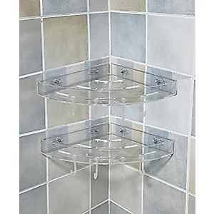2 Pcs Adhesive Acrylic Corner Shower Caddy Shelf with Hooks Hollow Wall Mounted No Drilling Clear Corner Shelf for Shower Kitchen Organizer