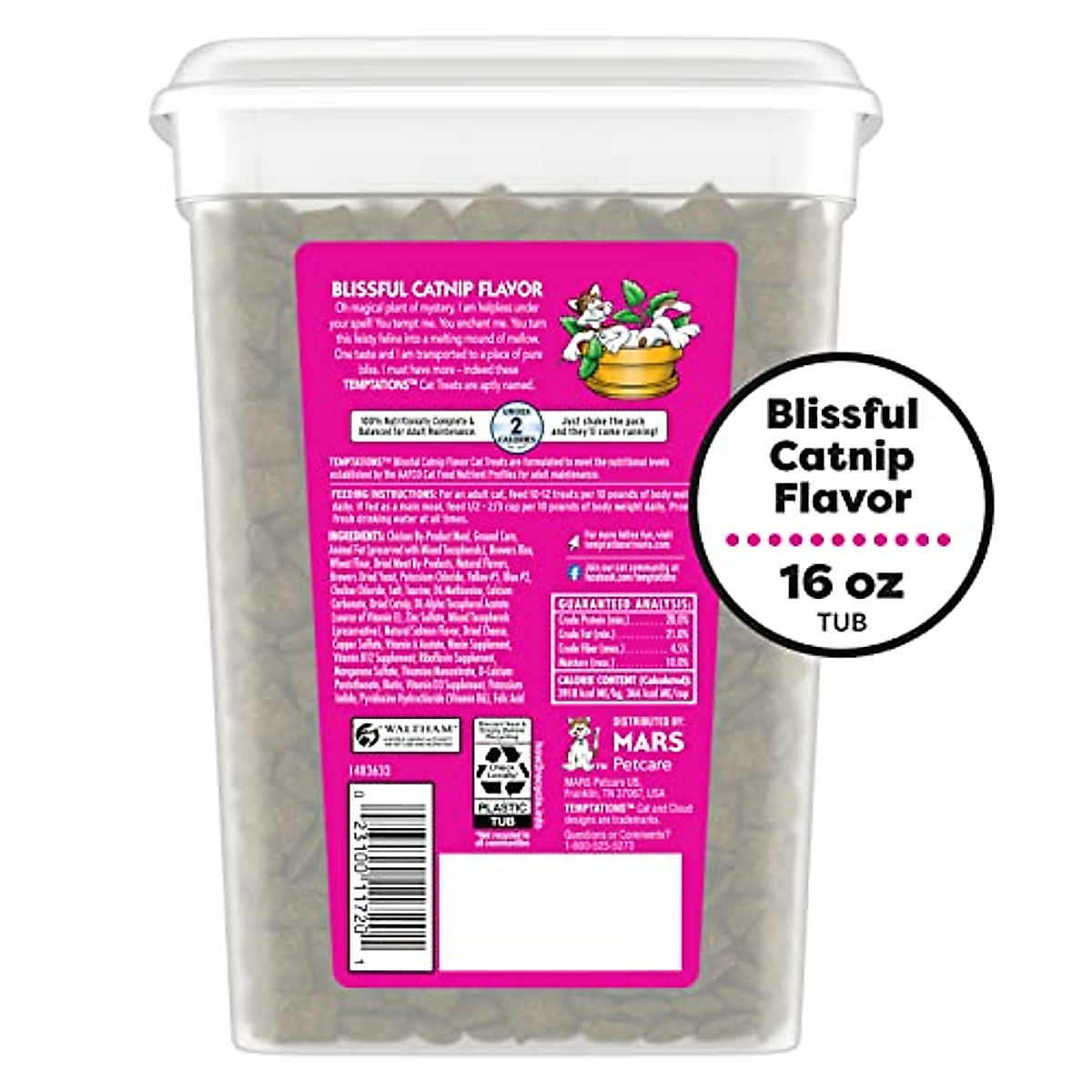 TEMPTATIONS Classic Crunchy and Soft Cat Treats Blissful Catnip Flavor, 16 oz. Tub