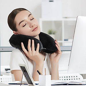 urnexttour Travel Neck Pillow Airplane, Soft Memory Foam Support Head Neck Chin, with Removale Cover and Adjustable Snap Button, Comfortable Sleeping in Plane Car Train Traveling Office Home, Black