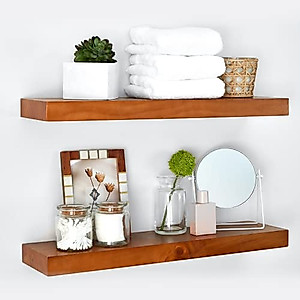 Homeforia Rustic Farmhouse Floating Shelves - Bathroom Wooden Shelves for Wall Mounted - Thick Industrial Kitchen Wood Shelf - 24 x 6.5 x 1.75 inch - Set of 2 - Honey Oak Color