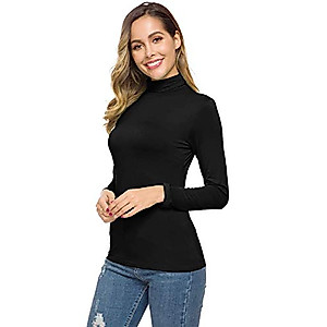 POPZONE Womens Soft Long Sleeve Slim Basic Turtleneck Lightweight Pullover Tops Black Medium