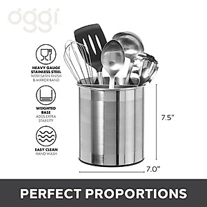 Oggi Jumbo Stainless Steel Rotating Utensil Holder with Removable Divider - Stylish kitchen cooking utensil organizer. Height 7.5".
