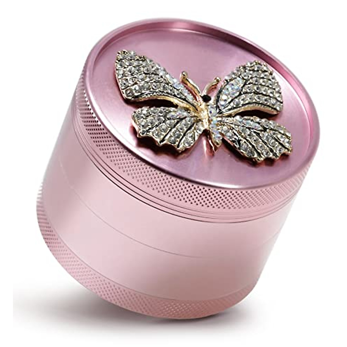 GREASURE Butterfly Pink Grinder 2.5 inch - Aluminum 4 Piece Cute Spice Grinder with Velvet Gift Pouch Bag, Scraper and Brush Tools