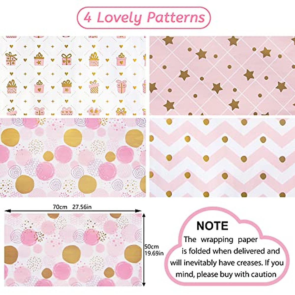 Larcenciel Gift Wrapping Paper, Birthday Wrapping Paper for Girl, Metallic Gold Foil Wrapping Paper, Pink Gift Wrap for Birthday, Valentines Day, Christmas, Wedding, Baby Shower,4 Sheets 27.5x19.6inch