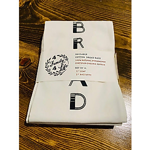 Bread Bags for Homemade Bread, Bread Bags, Bread Bags for Homemade Bread Gift Giving, Bread Keeper, Organic Cotton, Pack of 4 (Baguette and loaf)