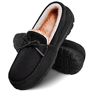 shoeslocker Men's Slippers Warm Soft Plush Memory Foam House Slippers for Men Comfortable Bedroom Moccasin Non-Slip Indoor Outdoor Black 11