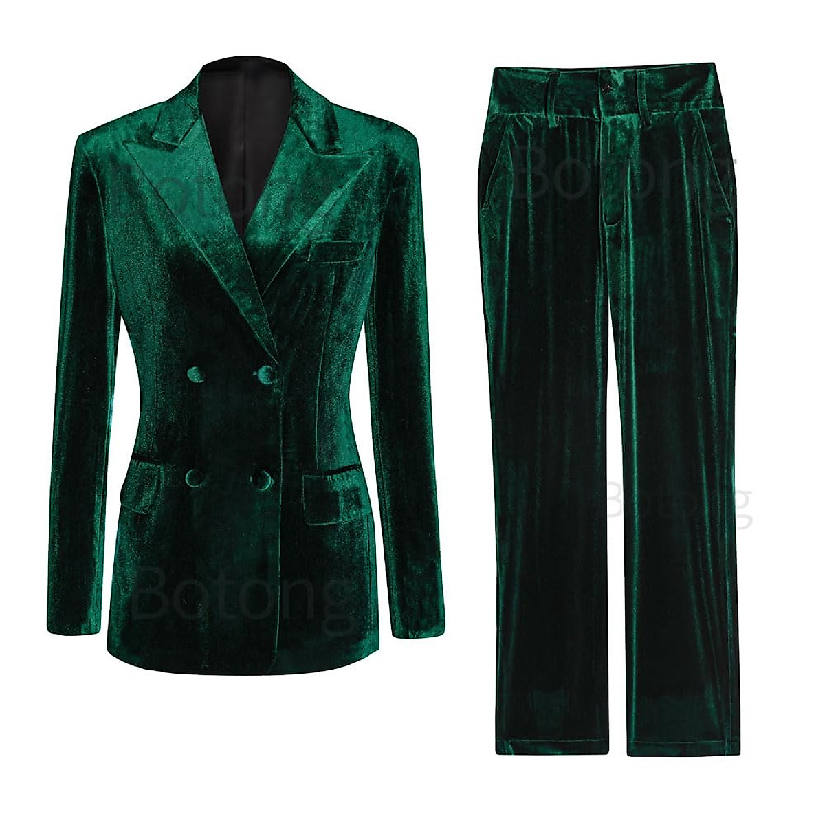 Botong Women's 2 Piece Velvet Suit Office Work Suit Notch Lapel Double Breasted Blazer Pants Business Suit Set Dark Green XL