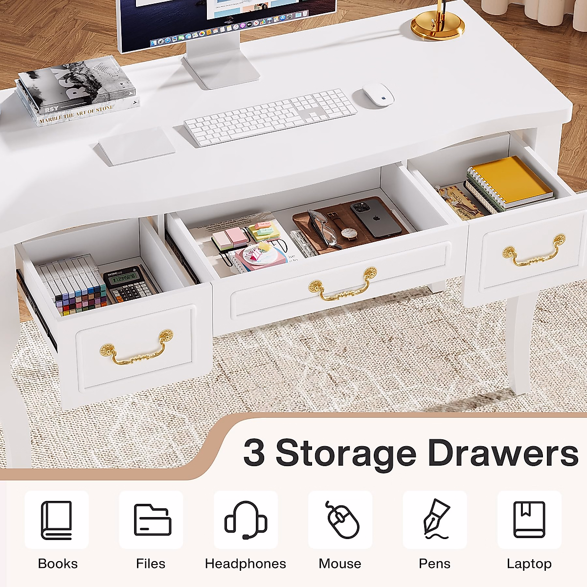 Tribesigns Computer Desk with 3 Drawers, 47-Inch White Home Office Desk with Storage, Antique Wooden Study Writing Table Workstation for Small Space