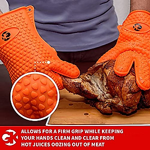 GK’s Premium BBQ Dream Set: 100% Mess Proof Silicone BBQ Smoker Gloves for BBQing All Day Plus Super Sharp Solid Meat Claws for Shredding Plus Silicone Basting Brush | Smoker Accessories for Men and Women (Orange)