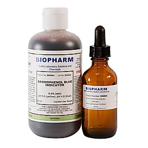 Bromophenol Blue Indicator 0.4% Aqueous Solution — 250 mL (8.4 fl oz) — Includes a 50 mL Empty Dropper Bottle and Dispensing Cap — pH 3.0 (Yellow) - pH 4.6 (Blue)