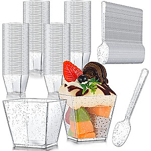 Meanplan 160 Pack 2oz Glitter Plastic Dessert Cups with Spoons 160 Disposable Square Plastic Dessert Cups and 160 Glitter Spoons for Party Dessert Appetizers (Silver)