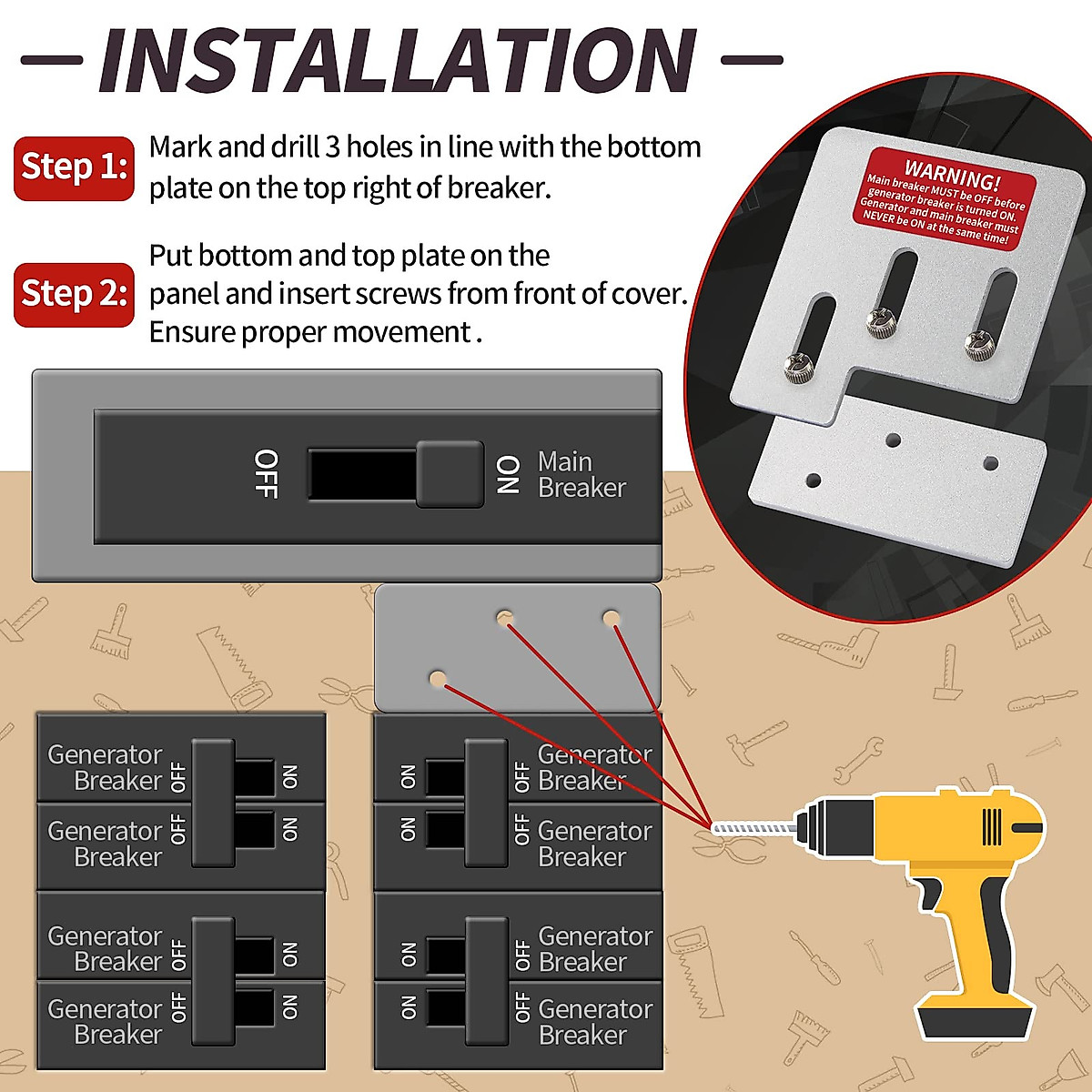 Generator Interlock Kit Compatible w/Square D QO & Homeline 150 or 200A Breaker Box, 1-3/8” Space on Main & Generator Circuit Panel, Safety Manual Lockout Transfer-Switch for Outdoor Portable Power
