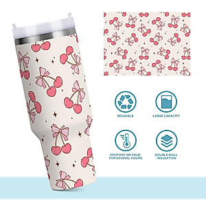 Slewiaeky Bow Coquette Heart 40 oz Tumbler with Handle Straw and Lid Cherry Stainless Steel Vacuum Insulated Reusable Water Bottle Glasses Travel Mug Thermal Cup for Home Office Car