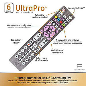 GE Home electricalGE 6-Device Backlit Universal Remote Control, Silver, 37038 & Universal Remote Control for Samsung, Vizio, Lg, Sony, Sharp, Roku, Apple TV, Smart TVs, Graphite