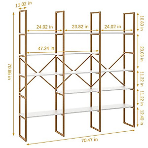 Jehiatek Gold Bookshelf 5 Tiers, Geometric Bookcase, 71"L x 71"H Tall Gold Shelves Etagere Book Case, Sturdy Metal Frame, Freestanding Display Shelving Unit for Home, Office, Library, White and Gold
