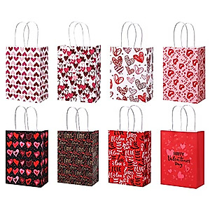 Valentine Day Gift Bags, 16pcs Valentines Paper Bags with Handles Love Heart Patterns Cookie Candy Bags Valentine Day Party Supplies for Kids Classroom Exchange Presents (8 Styles)
