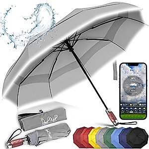 Royal Walk Windproof Folding Travel Umbrella Compact and Strong Luxurious Real Wood Handle Automatic Open Close Vented Double Canopy for Men and Women