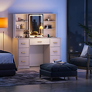 knoworld 47'' Large Vanity Desk with Mirror and Lights, 7 Drawers, 8 Storage Shelves Vanity Table, Big Makeup Vanity Desk with 3 LED Lighting Modes, Vanity Dresser with Outlet, Sliding Mirror (White)