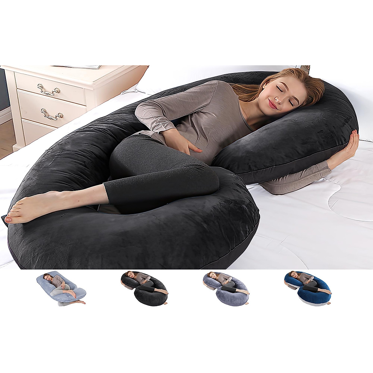TINKLE WELL C-Shaped Pregnancy Pillows, Memory Foam Pregnancy Pillow Full Body Maternity Pillow with Removable Cover, 52 Inch Pregnancy Pillows for Sleeping (Black)