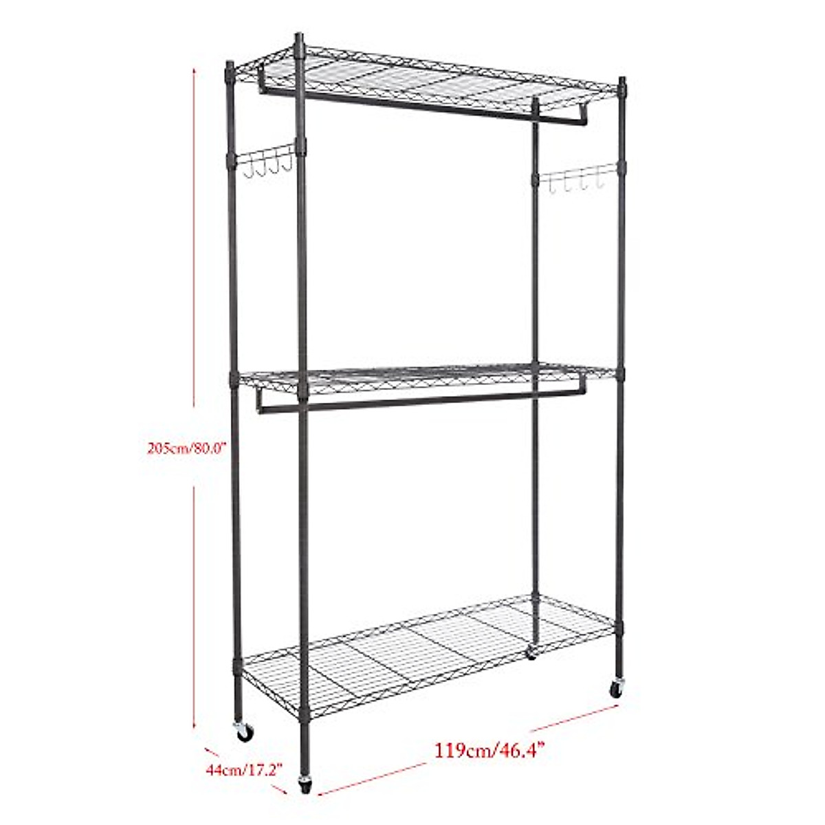 kemanner Heavy Duty Rolling Garment Rack 3-Tiers Wire Shelving W/ Double Rods & Lockable Wheels & 1 Pair Side Hooks - Hold Up to 400Lbs (Gray, 2Rod 2Hook)