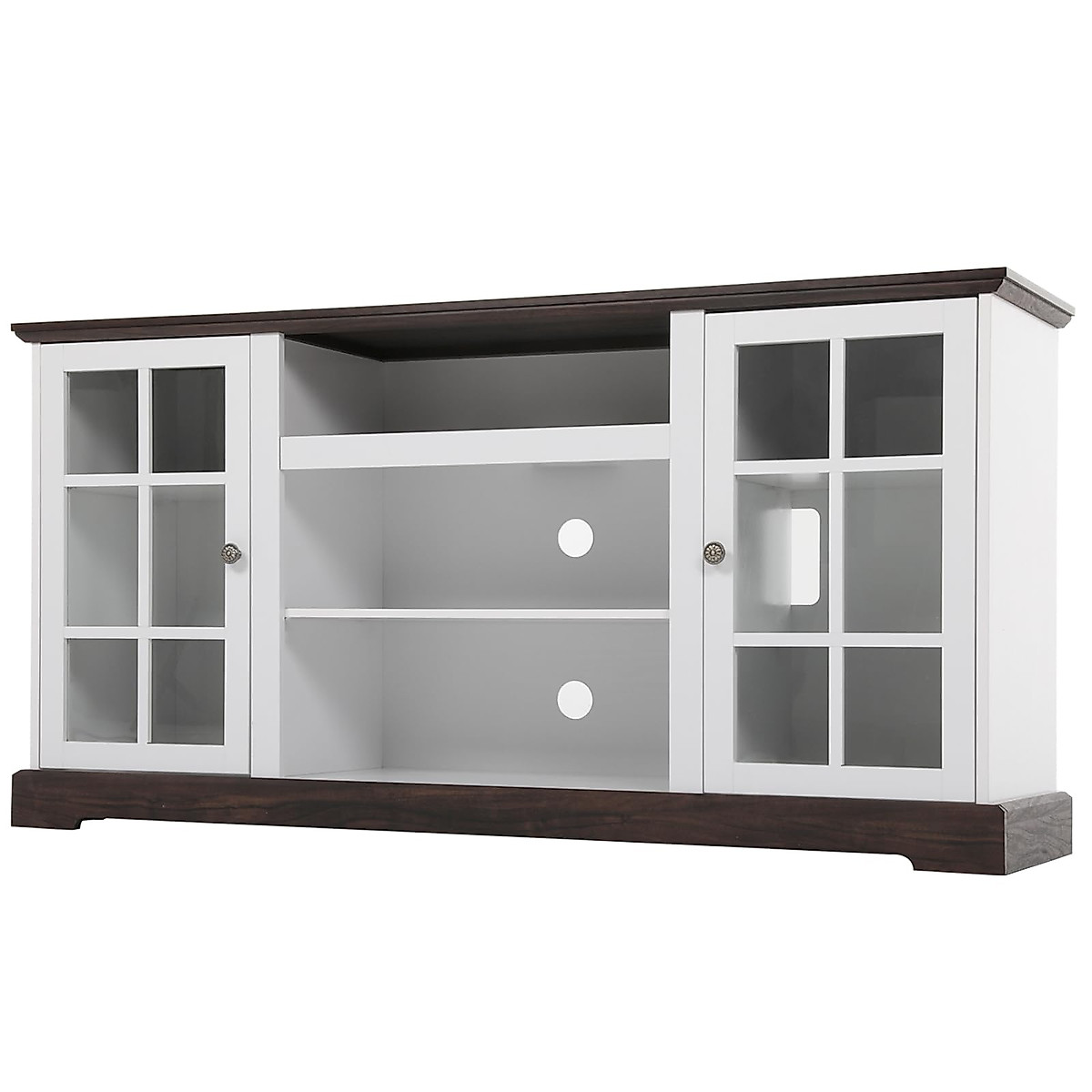 HolliWill White TV Stand, Entertainment Center for 65 inch TV, 58" Modern Farmhouse TV Stand with Glass Door, Tall TV Console or Storage Cabinet for Living Room,White&Brown