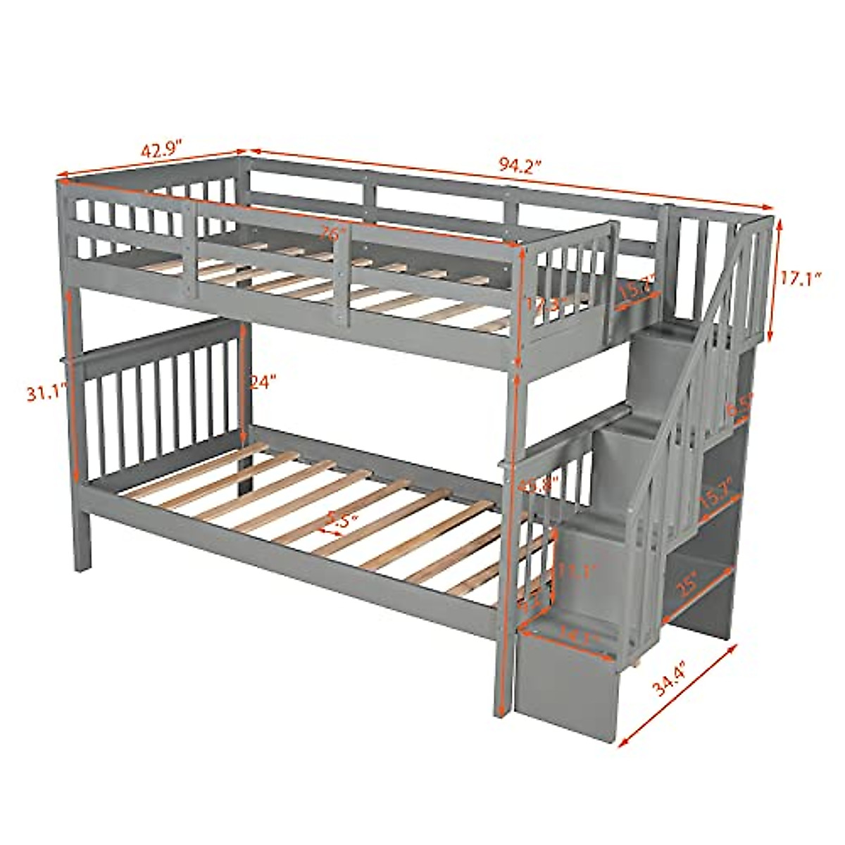 Harper & Bright Designs Twin Over Twin Bunk Beds with Stairs Wood Bunk Bed Frame with Storage Shelves for Kids Boys Girls Teens, Can be Divided into 2 Beds, Gray