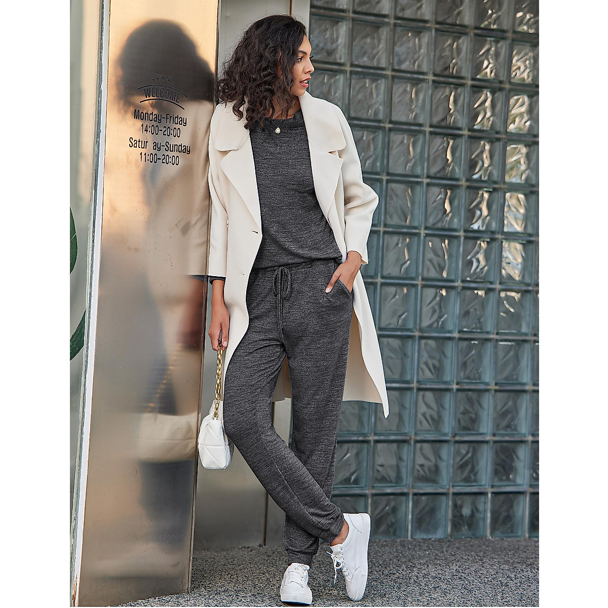 Ekouaer Womens Pajamas Set Long Sleeve Loungewear Soft Lounge Set Joggers with Pockets,Medium,Dark Grey