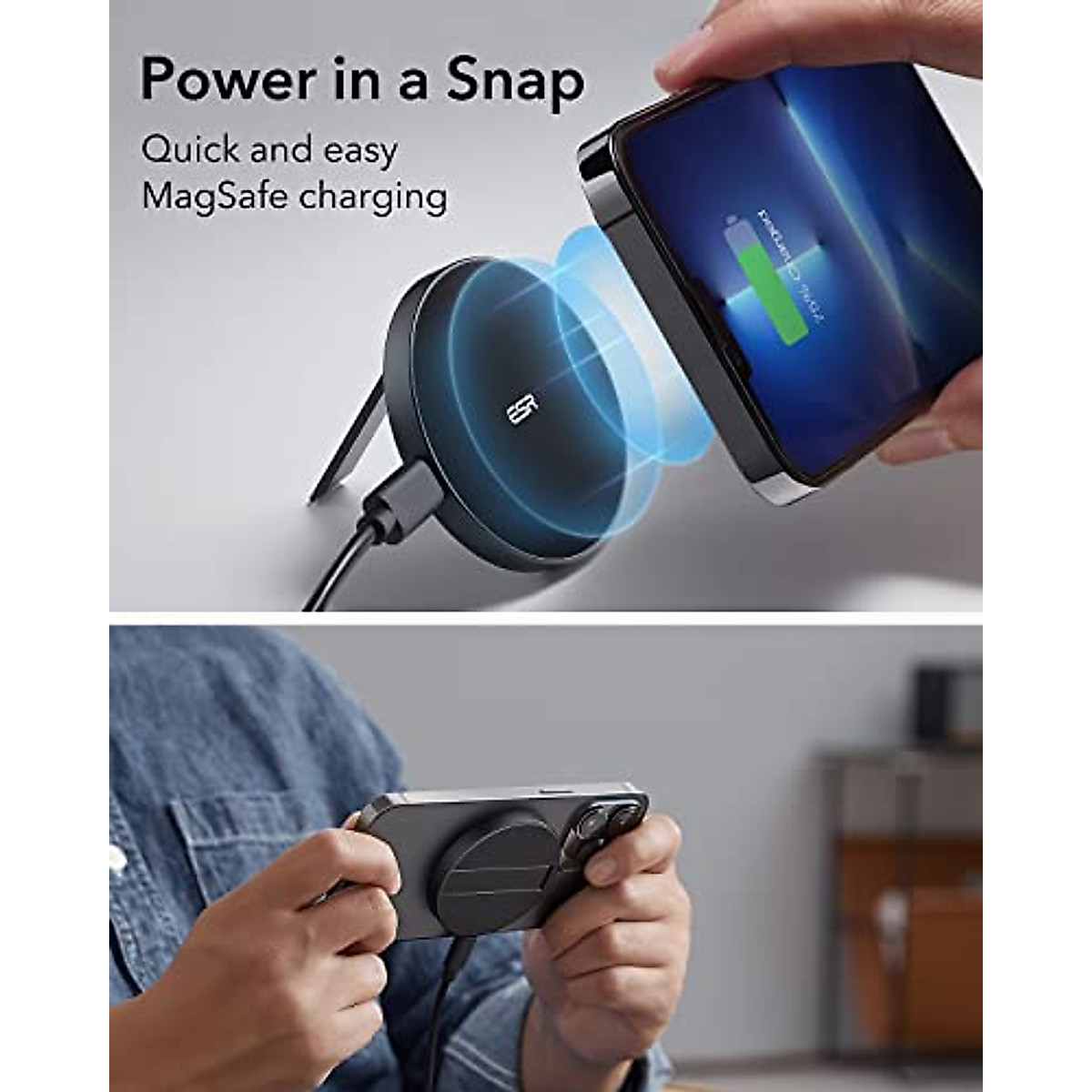 ESR HaloLock Kickstand Wireless Charger, MagSafe-Compatible Charger for iPhone 14/14 Plus/14 Pro/14 Pro Max and iPhone 13/12 Series, with 5 ft (1.5 m) Removable Cable, Adapter Not Included, Black