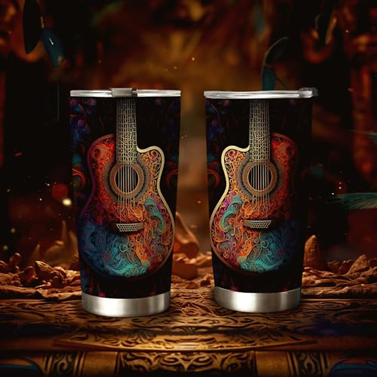 20oz Hippie Acoustic Guitar, Guitarist, Musician Gifts, Coffee Thermos for Men, Women, Stainless Steel Double Wall Vacuum Insulated Coffee Mug, Travel Cup with Lid