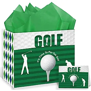 Golf Gift Bag with Tissue Paper Ideal for Golf Themed Gifts, Birthdays, and Special Occasions Reusable Golf Club Gift Wrapping Bag for Men and Kids – Includes Golf Gift Card and Golf Party Favor Bags