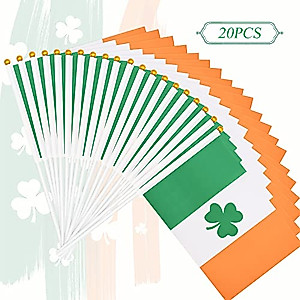 20 Pack Small Ireland Irish Shamrock Flag Stick 5'' x 8'' - Mini Handheld Lucky Green Clover Flags for St Patrick's Day Parade Celebration