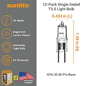 Sunlite 40615-SU Q35/GY6/12V Halogen 35-Watt Single Ended T3.5 Light Bulb, 525 Lumens, 12 Volts, GY6.35 (Bi-Pin) Base, Clear, 2000 Hour Life Span, 3200K - Warm White 12 Pack