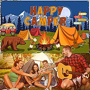 Camping Backdrop Camper Party Decoration Happy Camper Banner Campfire Forest Adventure Photography Background for Camping Theme Party Birthday Party Supplies with Rope, 72.8 x 43.3 Inch