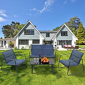 PAIQIAN 4 Piece Patio Outdoor Furniture Set with Strong Powder Coated Metal Frame One Love Seat, Two Single Chairs and one Table for Porch, Balcony, Backyad, Patio Conversation Set (Navy Blue)