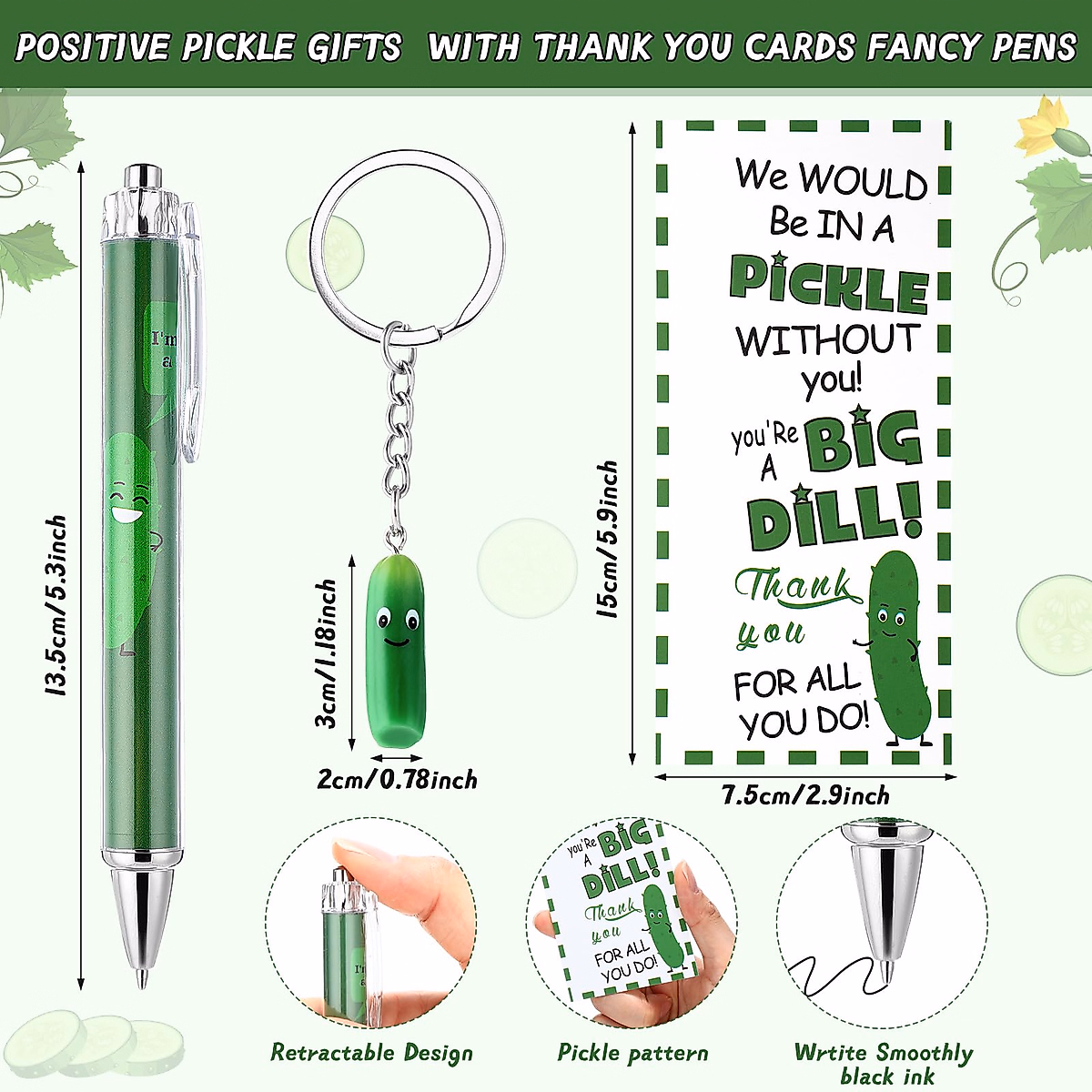 Sayglossy 20 Sets Employee Appreciation Gifts Positive Pickle Keychain with Thank You Cards Fancy Pens Emotional Support Pickle Bulk Inspirational Gifts Bulk for Pickle Lover Employees Coworkers